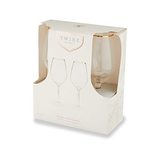 Twine Gilded Wine Glasses Drinking Set, Gold Rimmed Wine Glass Set, Stemmed Wine Drinking Glasses Set, Wine Accessories, Glassware Set, Set of 2, 14oz