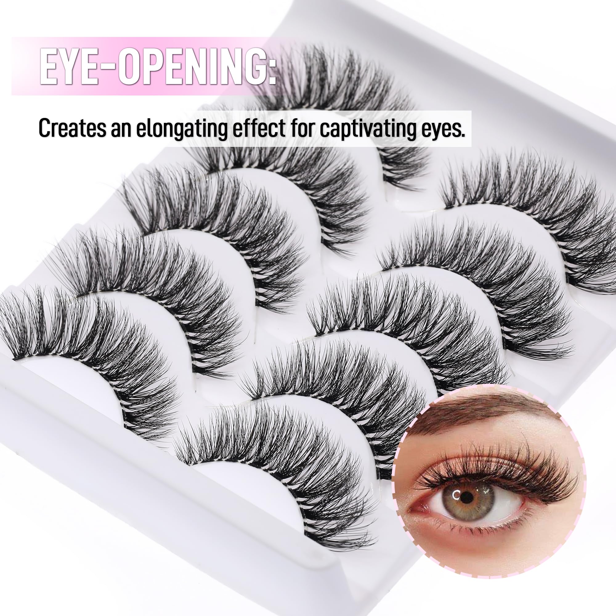 KSYOO Wispy Lashes That Look Like Extensions,D Curl Strip Lashes,Clear Band Cat Eye Lashes Natural Look,8-15mm Eyelashes Wispy (Clear Band V1)