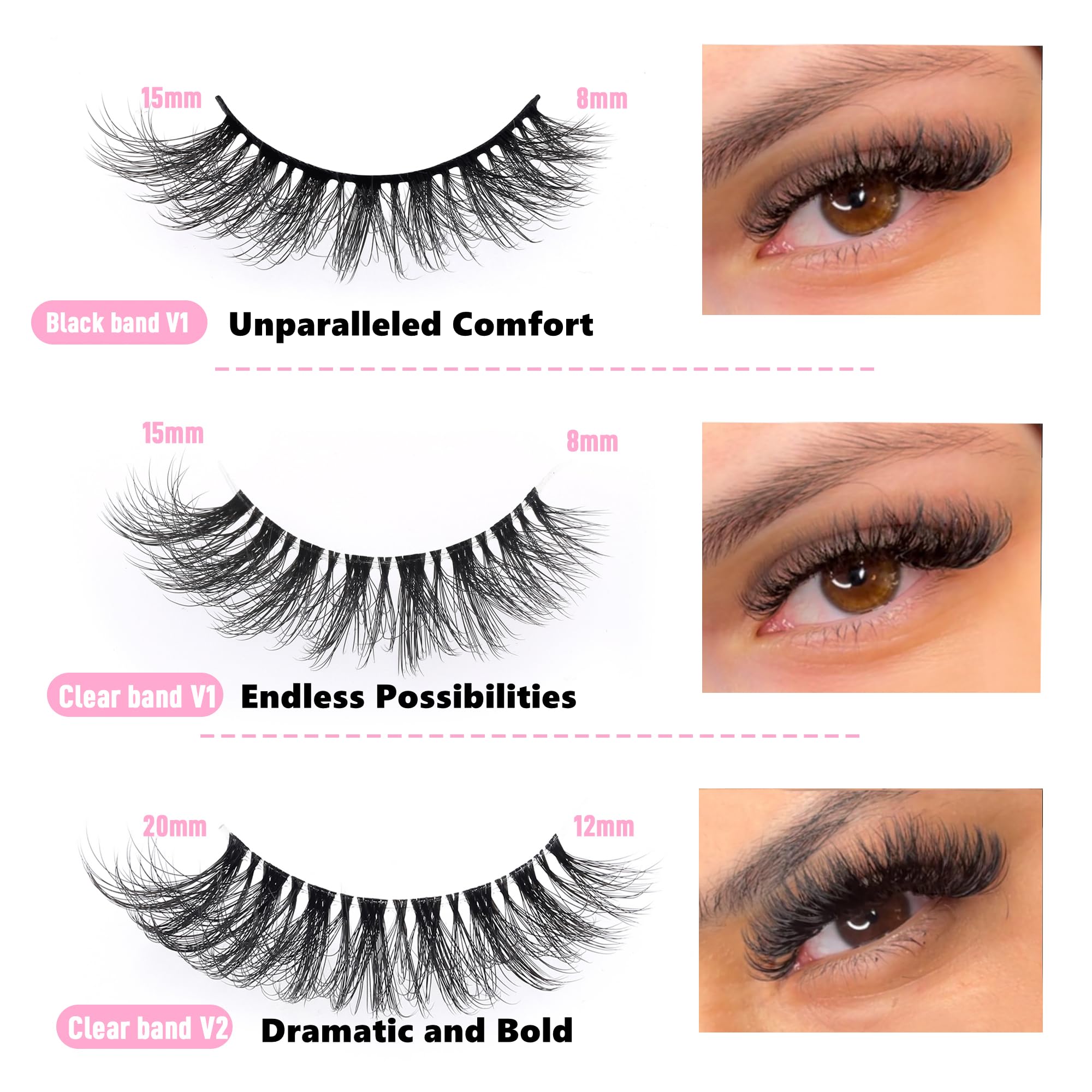 KSYOO Wispy Lashes That Look Like Extensions,D Curl Strip Lashes,Clear Band Cat Eye Lashes Natural Look,8-15mm Eyelashes Wispy (Clear Band V1)