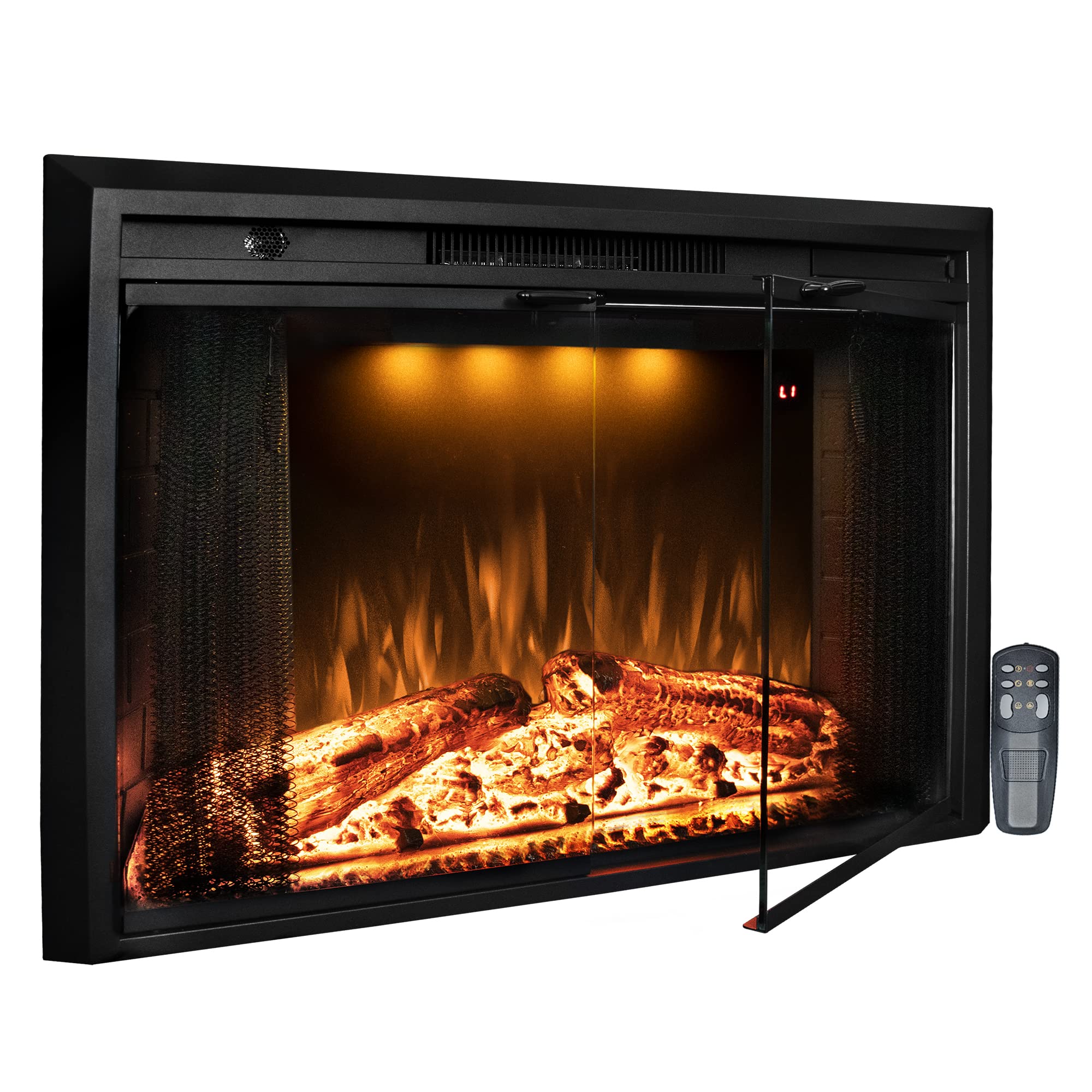 Benrocks 36” Electric Fireplace Inserts with Glass Door and Mesh Screen, Multicolor Flames & Fire Crackling Sounds, Timer, Overheating Protection Fireplace Heater, 750/1500W