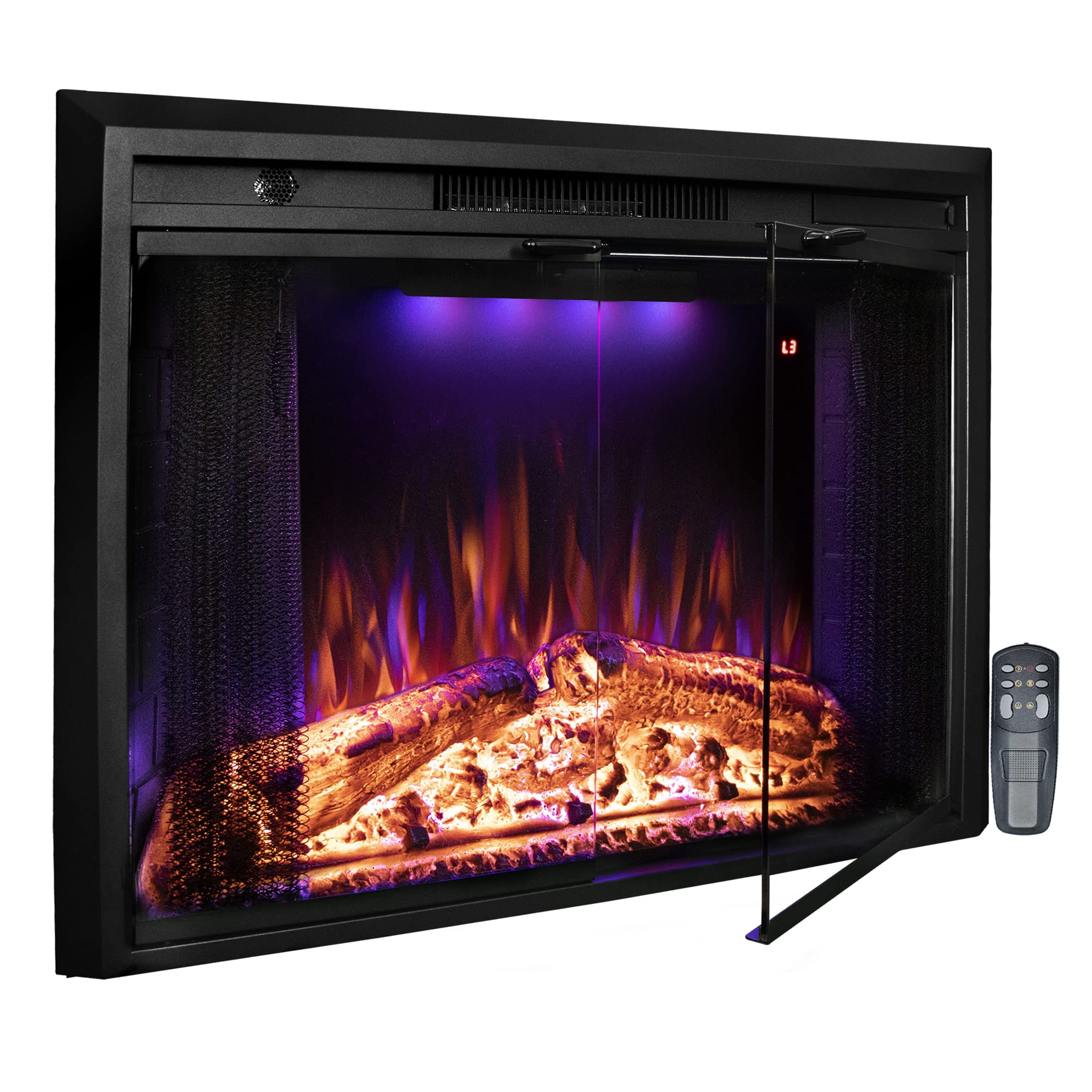 Benrocks 36” Electric Fireplace Inserts with Glass Door and Mesh Screen, Multicolor Flames & Fire Crackling Sounds, Timer, Overheating Protection Fireplace Heater, 750/1500W