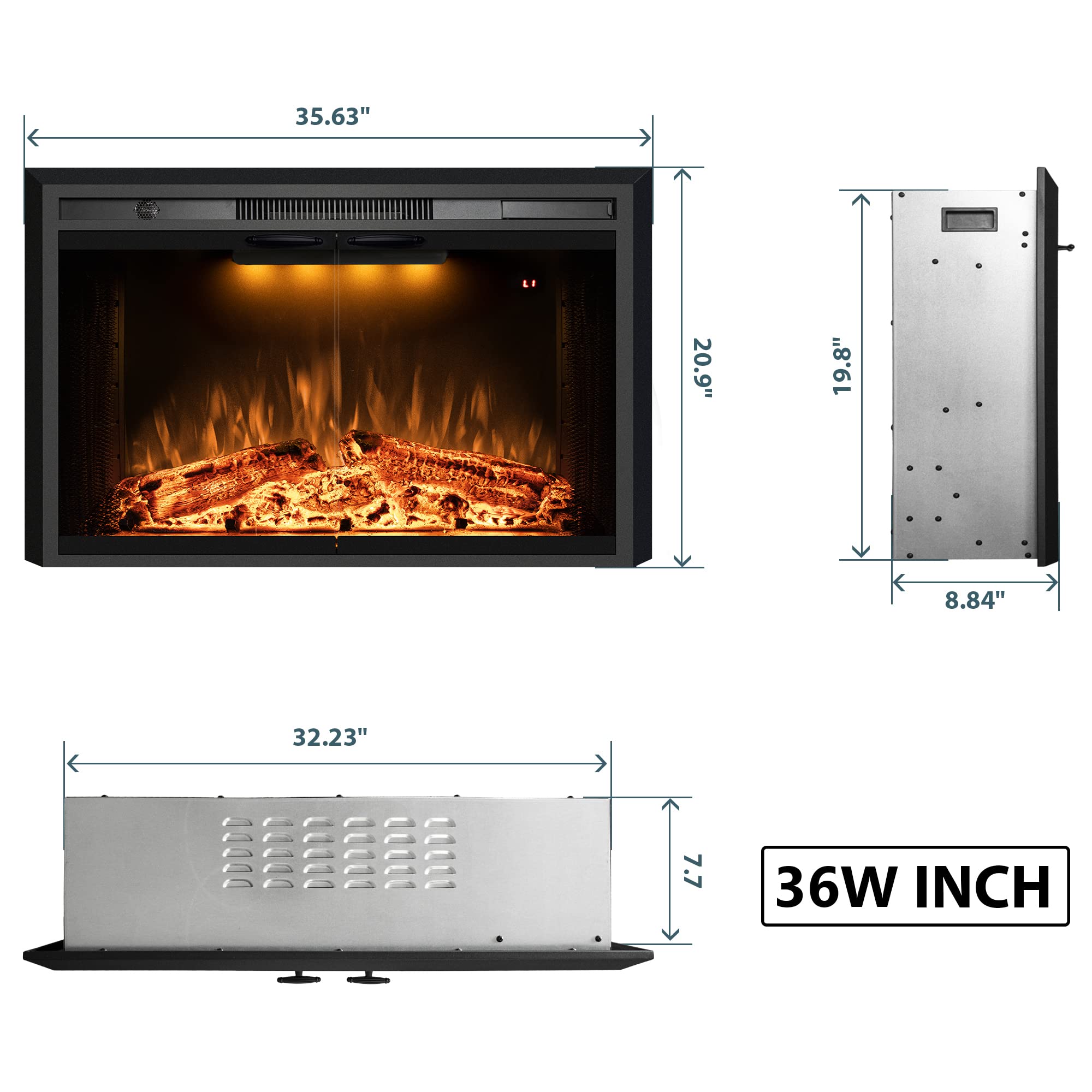 Benrocks 36” Electric Fireplace Inserts with Glass Door and Mesh Screen, Multicolor Flames & Fire Crackling Sounds, Timer, Overheating Protection Fireplace Heater, 750/1500W