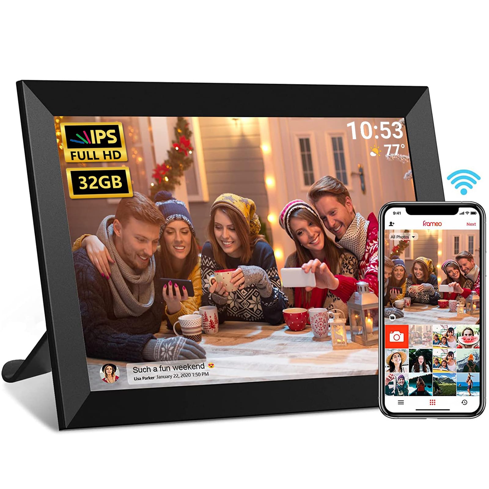 FRAMEO Digital Photo Frame 10.1 Inch, 1 Piece Smart WiFi Digital Picture Frame, Touch Screen Display, 32GB Storage Auto-Rotate Easy Share Photos or Videos in Frameo App from Anywhere Living Room Decor