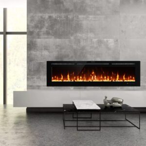 Dreamflame 84 inch Recessed Electric Fireplace,Low Noise in Wall Fireplace Inserts with Heater,Realistic Adjustable Flame with Logs & Crystals,Thermostat, 750/1500W,Home Decor,Black