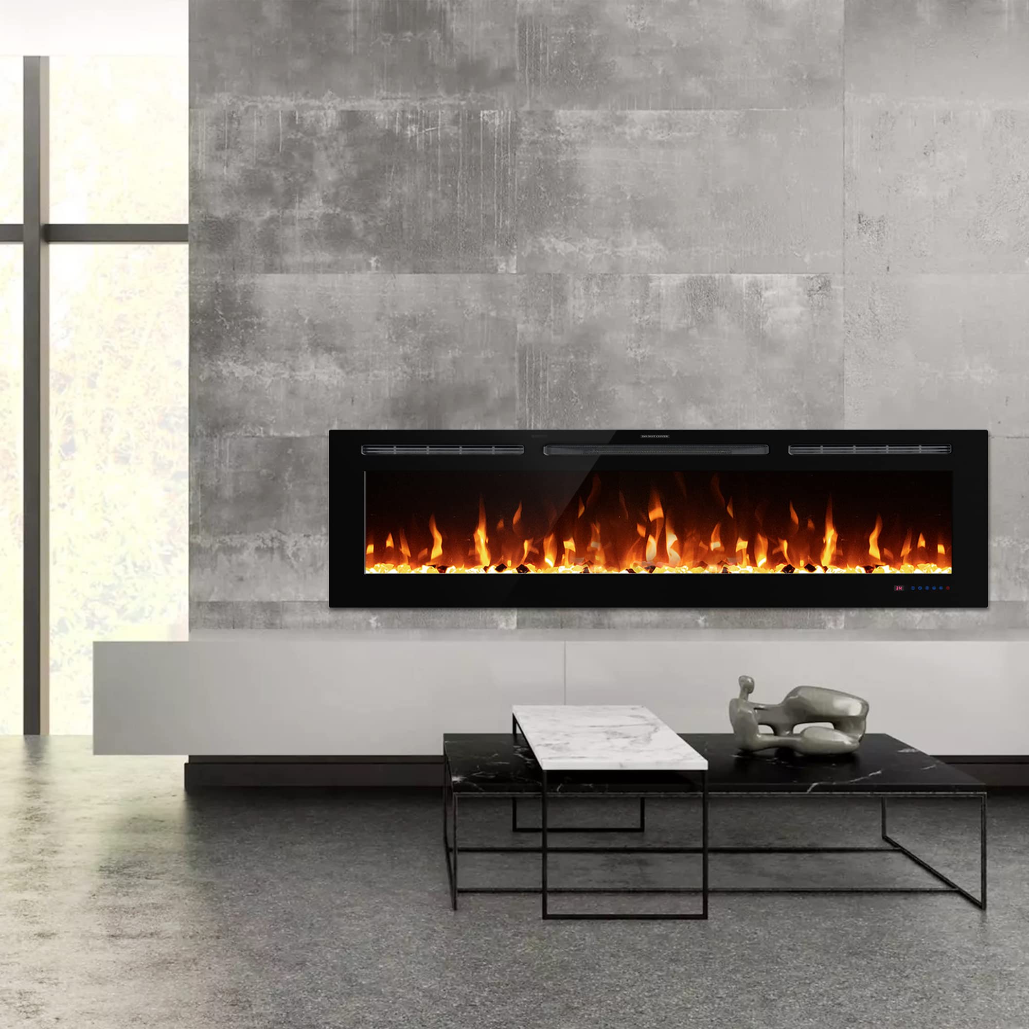 Dreamflame 84 inch Recessed Electric Fireplace,Low Noise in Wall Fireplace Inserts with Heater,Realistic Adjustable Flame with Logs & Crystals,Thermostat, 750/1500W,Home Decor,Black