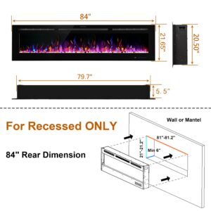 Dreamflame 84 inch Recessed Electric Fireplace,Low Noise in Wall Fireplace Inserts with Heater,Realistic Adjustable Flame with Logs & Crystals,Thermostat, 750/1500W,Home Decor,Black