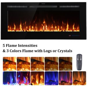 Dreamflame 84 inch Recessed Electric Fireplace,Low Noise in Wall Fireplace Inserts with Heater,Realistic Adjustable Flame with Logs & Crystals,Thermostat, 750/1500W,Home Decor,Black