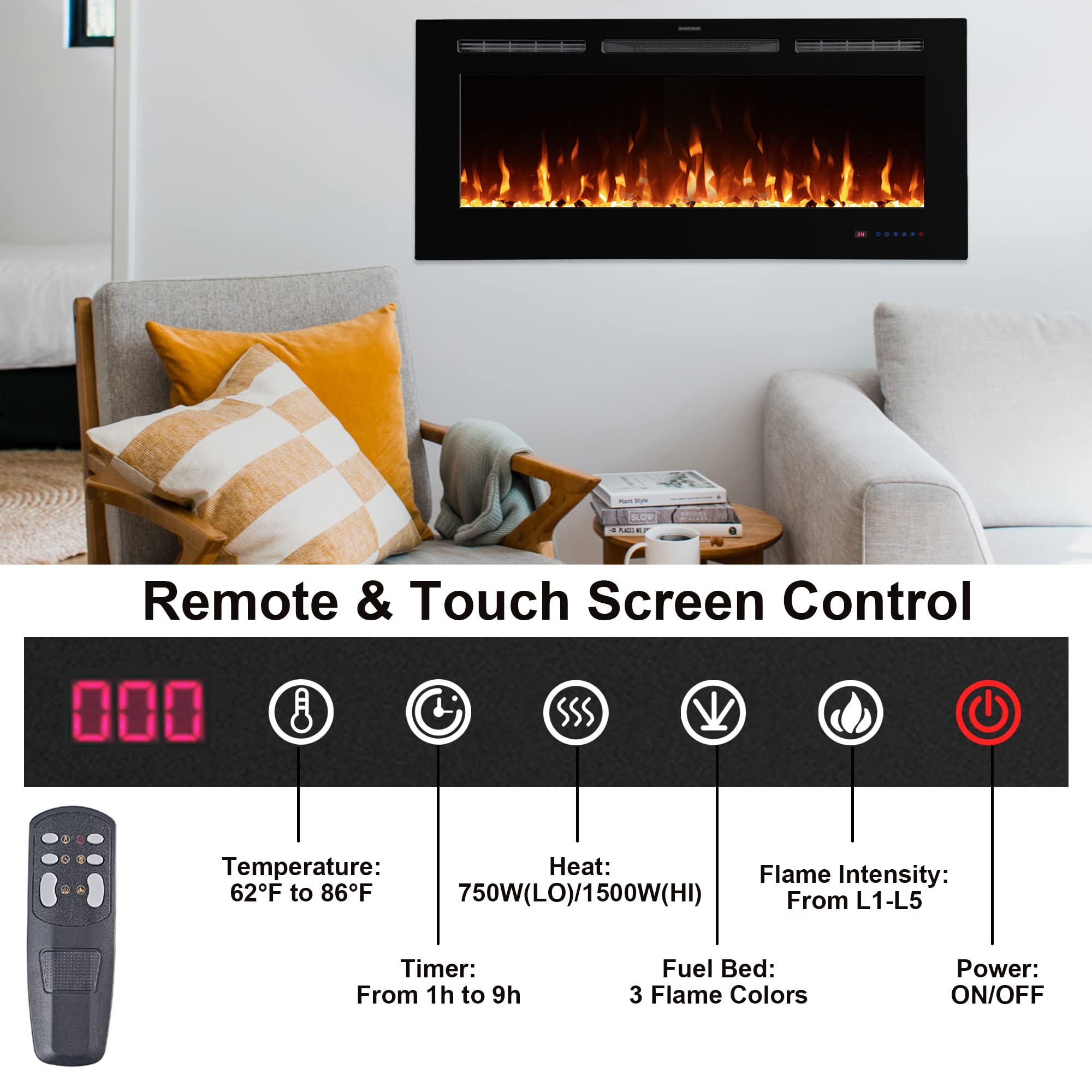 Dreamflame 84 inch Recessed Electric Fireplace,Low Noise in Wall Fireplace Inserts with Heater,Realistic Adjustable Flame with Logs & Crystals,Thermostat, 750/1500W,Home Decor,Black