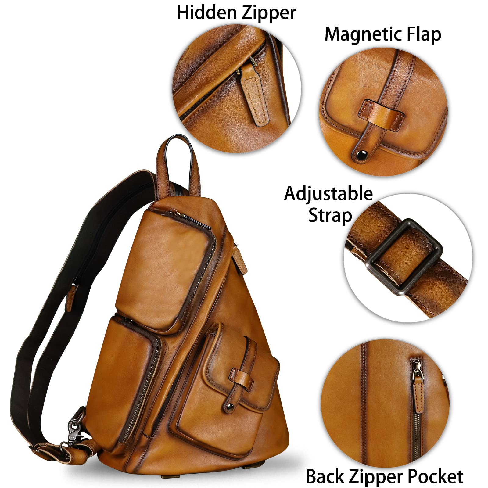 IVTG Genuine Leather Sling Bag Crossbody Casual Hiking Daypack Vintage Handmade Chest Bag Shoulder Backpack Motorcycle Pack Rucksack (Brown)