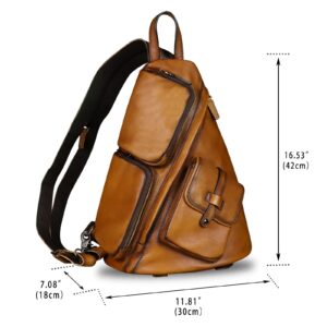 IVTG Genuine Leather Sling Bag Crossbody Casual Hiking Daypack Vintage Handmade Chest Bag Shoulder Backpack Motorcycle Pack Rucksack (Brown)