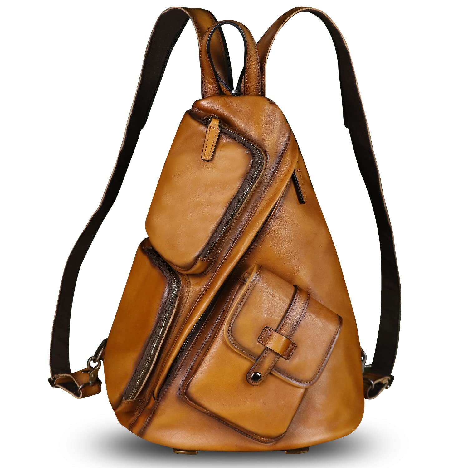 IVTG Genuine Leather Sling Bag Crossbody Casual Hiking Daypack Vintage Handmade Chest Bag Shoulder Backpack Motorcycle Pack Rucksack (Brown)