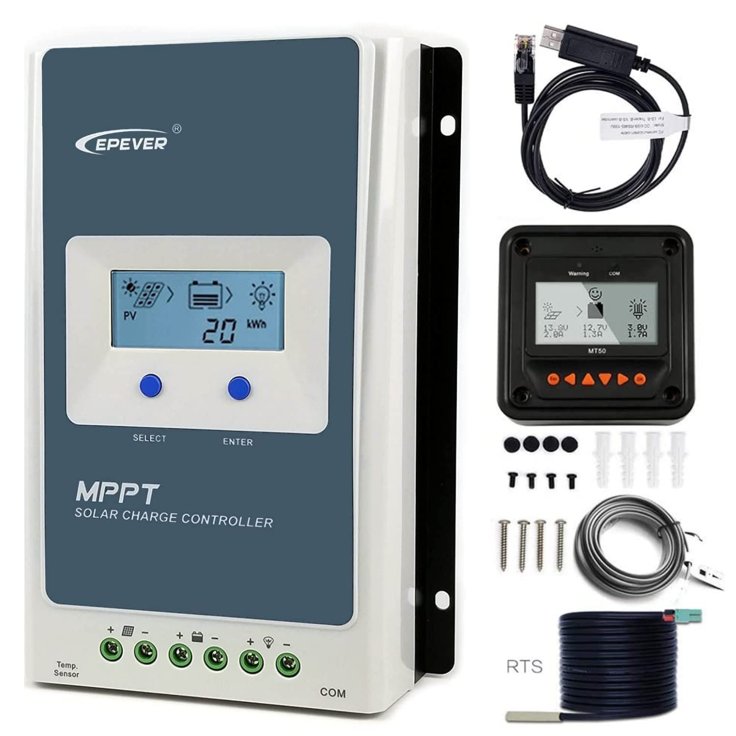 MPPT Solar Charge Controller 30A 12V/24V Auto Solar Panel Charge Controller Max.PV 100V Solar Charge Regulator with MT50 Remote Meter + Temperature Sensor RST + PC Monitoring Cable RS485