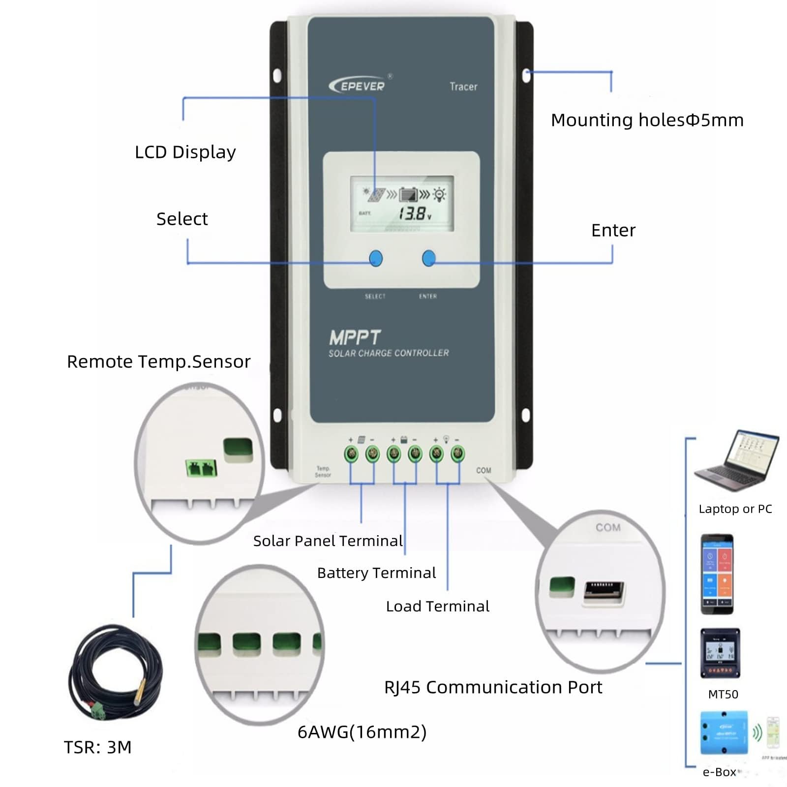 MPPT Solar Charge Controller 30A 12V/24V Auto Solar Panel Charge Controller Max.PV 100V Solar Charge Regulator with MT50 Remote Meter + Temperature Sensor RST + PC Monitoring Cable RS485