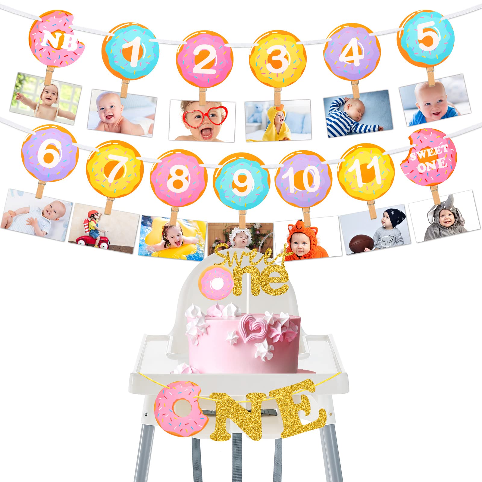 Donut 1st Birthday Party Decorations Donut Photo Banner Sweet One High Chair Banner and Cake Topper Monthly Milestone Photo Props for Donut First Birthday Decoration Supplies