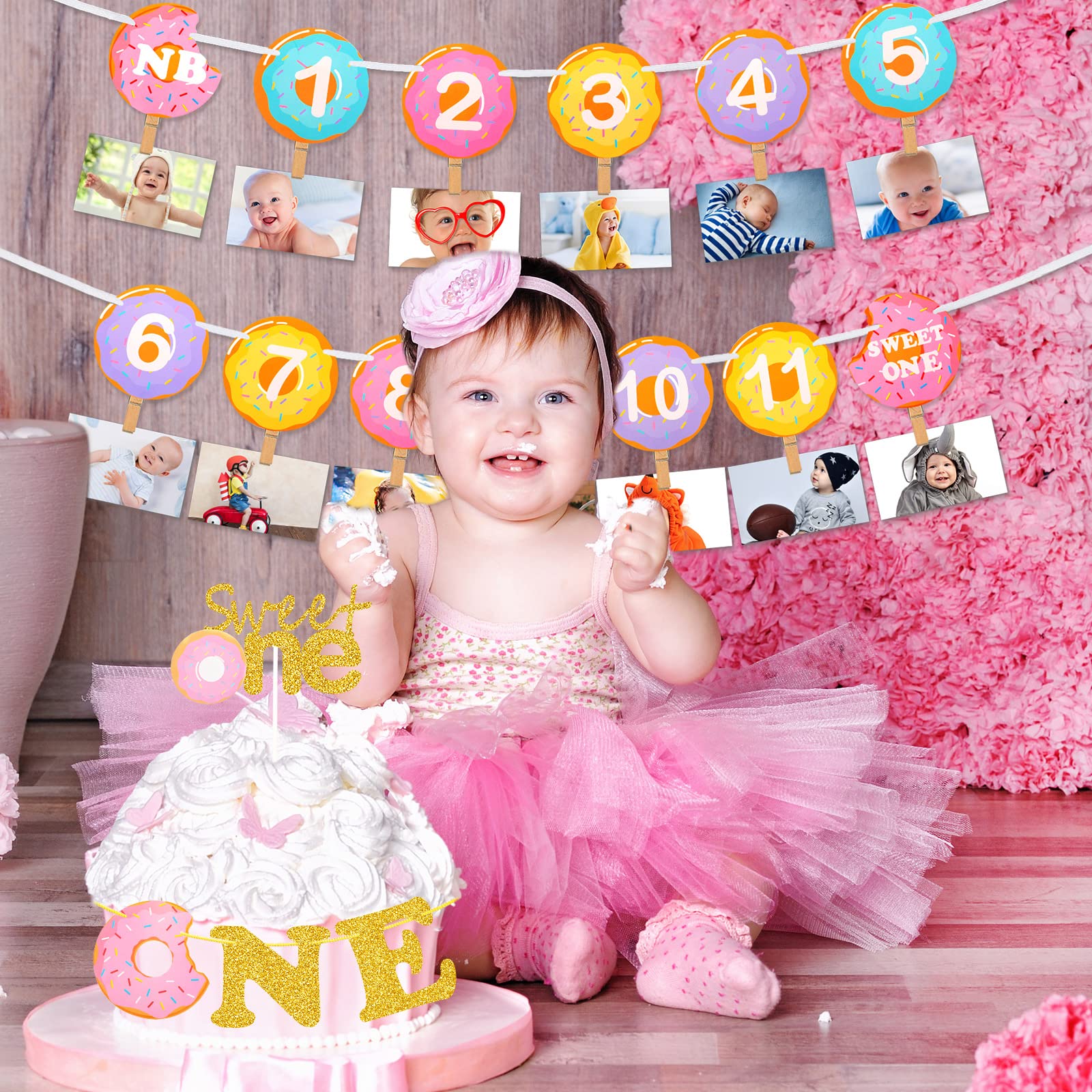 Donut 1st Birthday Party Decorations Donut Photo Banner Sweet One High Chair Banner and Cake Topper Monthly Milestone Photo Props for Donut First Birthday Decoration Supplies