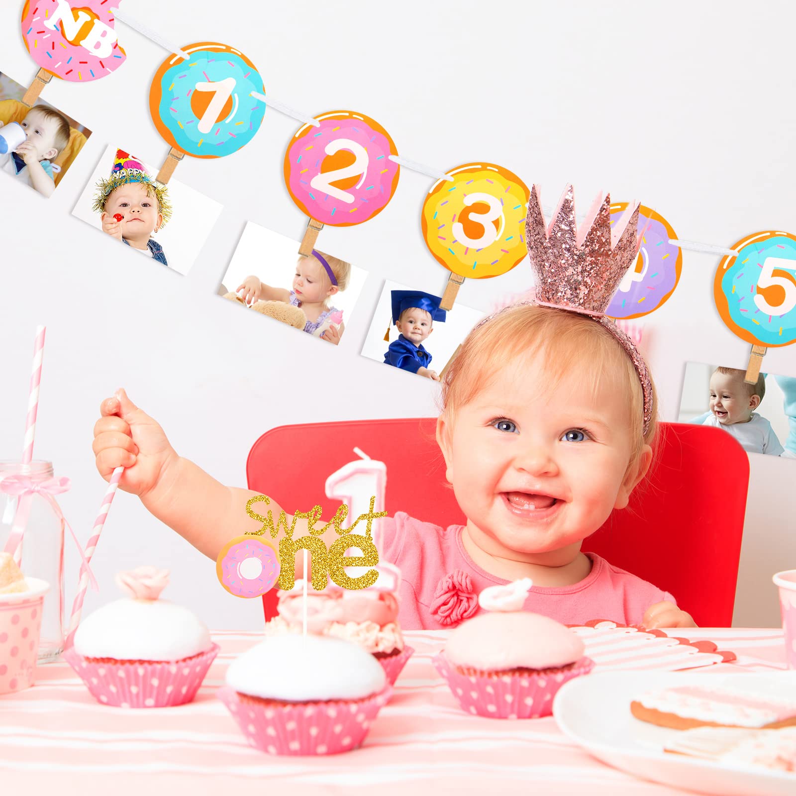 Donut 1st Birthday Party Decorations Donut Photo Banner Sweet One High Chair Banner and Cake Topper Monthly Milestone Photo Props for Donut First Birthday Decoration Supplies