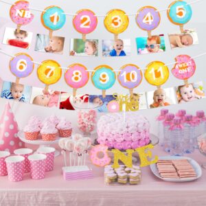 Donut 1st Birthday Party Decorations Donut Photo Banner Sweet One High Chair Banner and Cake Topper Monthly Milestone Photo Props for Donut First Birthday Decoration Supplies