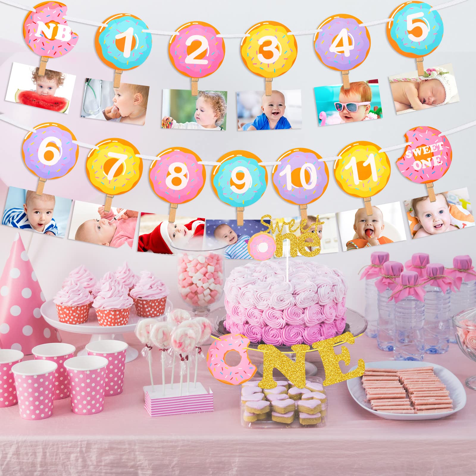 Donut 1st Birthday Party Decorations Donut Photo Banner Sweet One High Chair Banner and Cake Topper Monthly Milestone Photo Props for Donut First Birthday Decoration Supplies