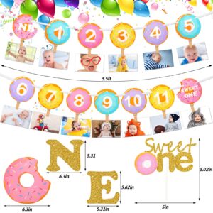 Donut 1st Birthday Party Decorations Donut Photo Banner Sweet One High Chair Banner and Cake Topper Monthly Milestone Photo Props for Donut First Birthday Decoration Supplies