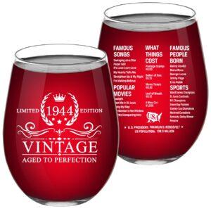 80th birthday gifts for women men - vintage 1944 limited edition stemless wine glass 15 oz- 80 year old women gifts -80th birthday gift and home use - 80 year old birthday party decorations - 1 pack