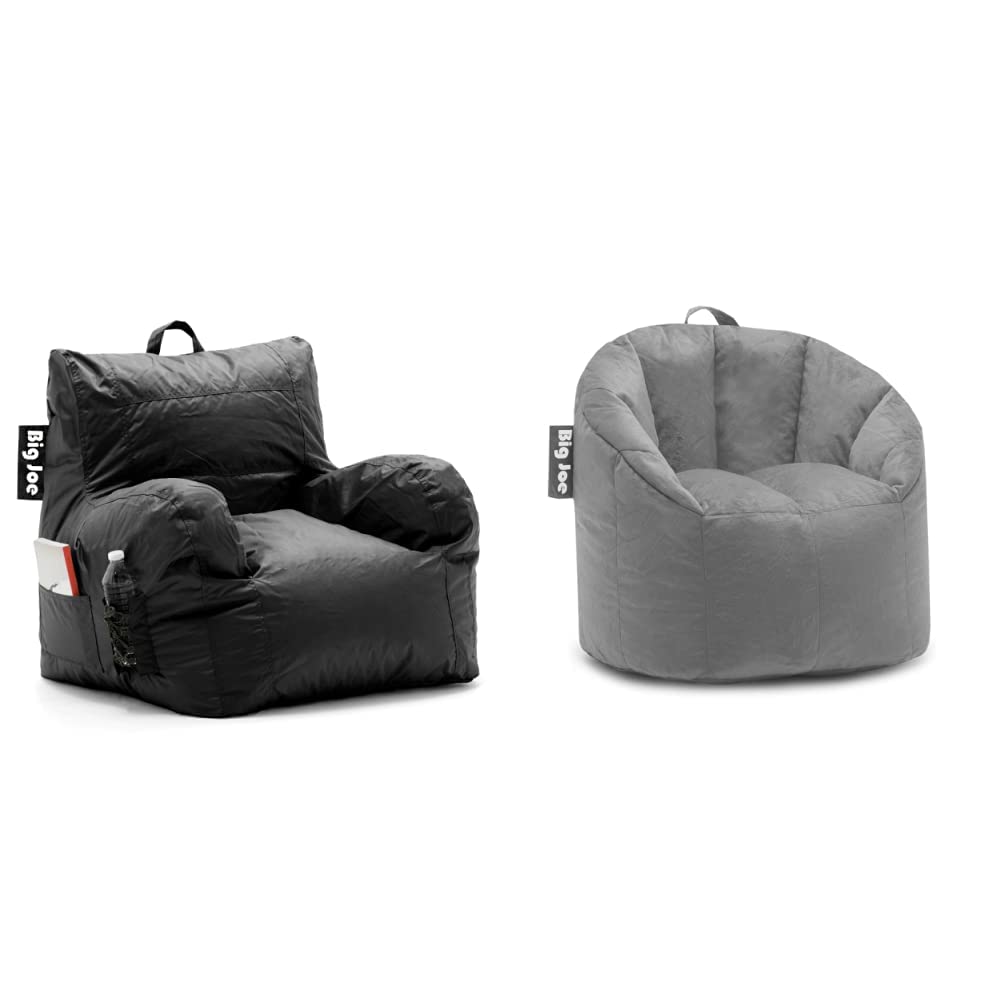 Big Joe Dorm Bean Bag Chair with Drink Holder and Pocket, Black Smartmax, Durable Polyester Nylon Blend, 3 feet Milano, Medium, Gray Plush