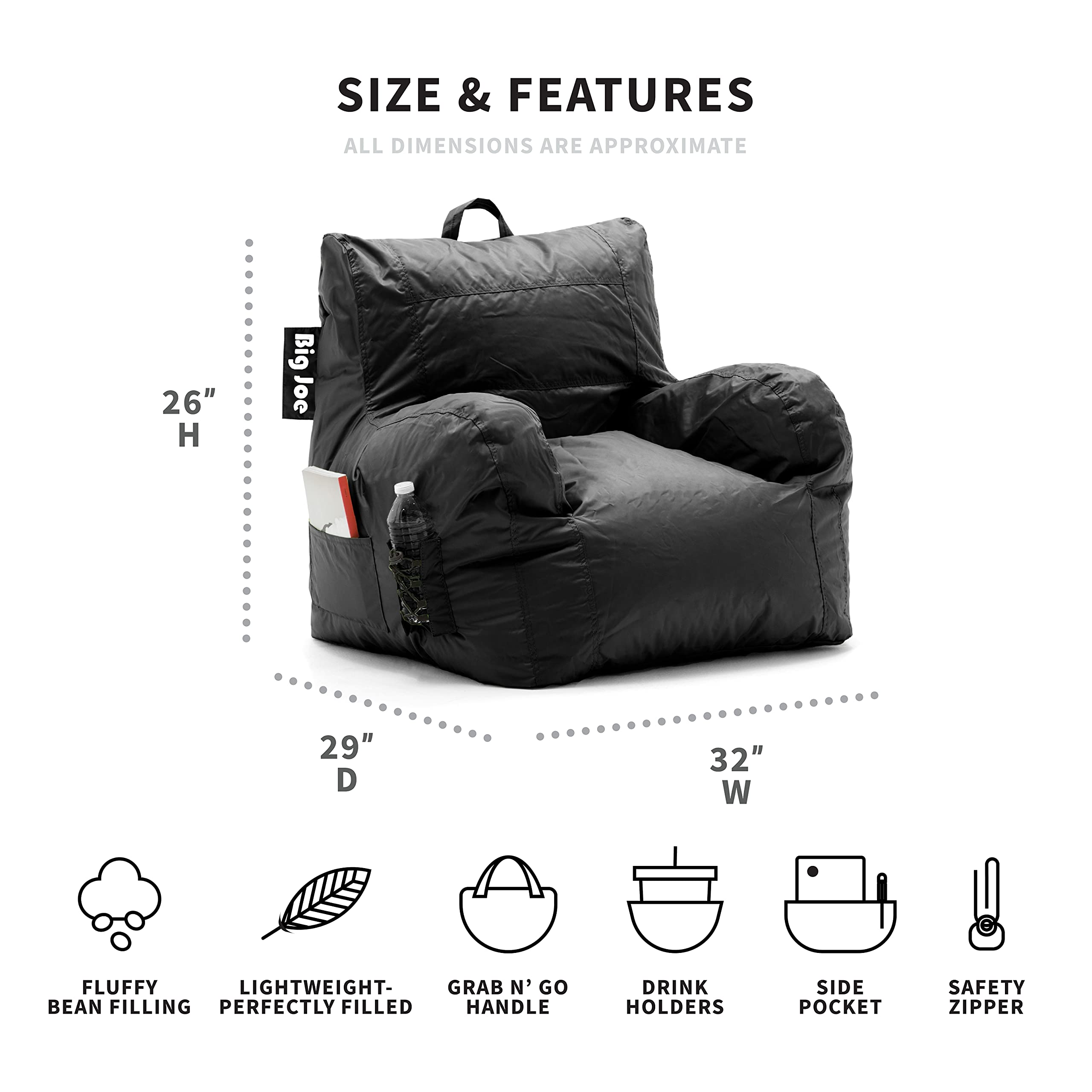 Big Joe Dorm Bean Bag Chair with Drink Holder and Pocket, Black Smartmax, Durable Polyester Nylon Blend, 3 feet Milano, Medium, Gray Plush