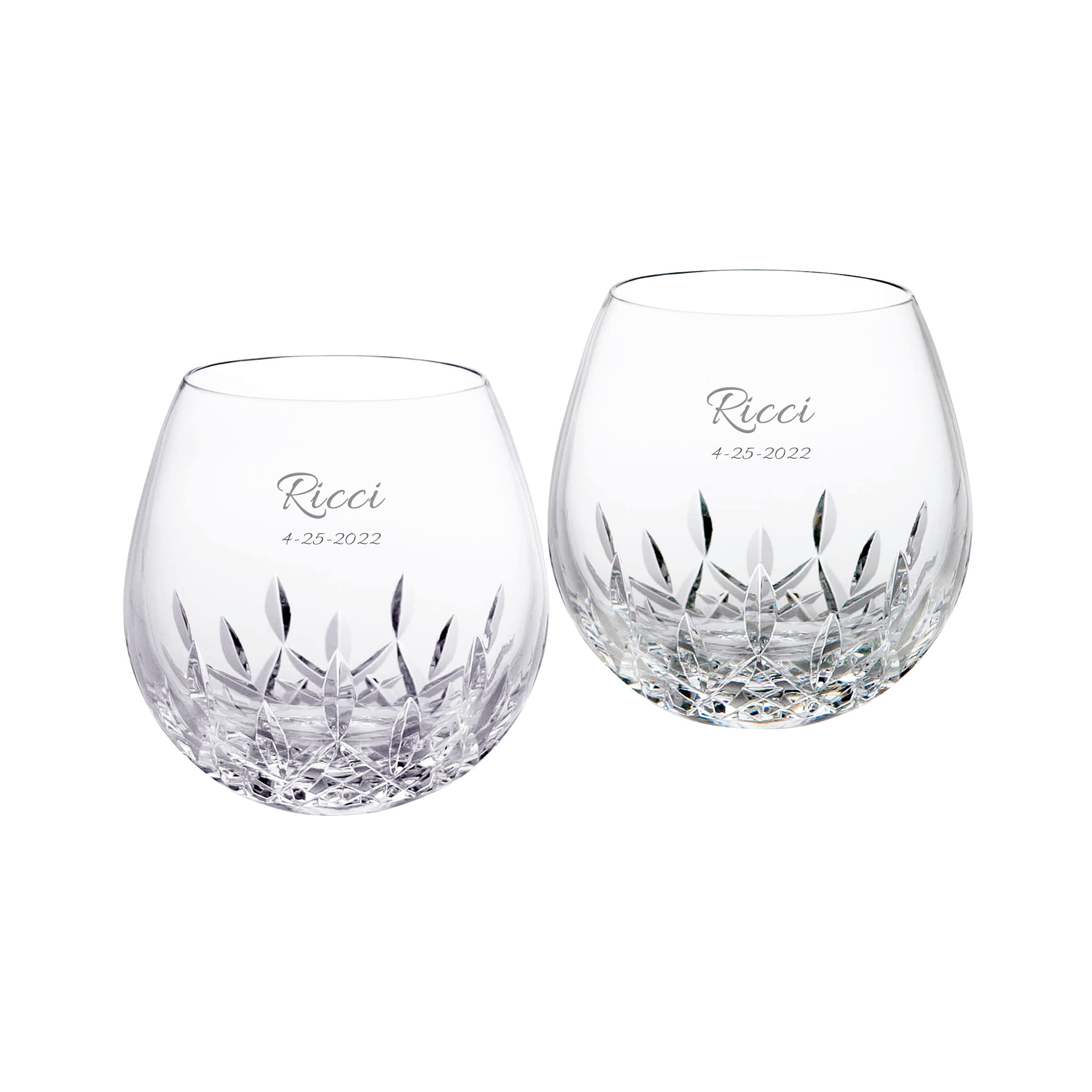 Waterford Personalized Lismore Essence Stemless Light Red Wine Glasses, Set of 2 Custom Engraved Cut Crystal Stemless Wine Glasses for Pinot Noir, Nebbiolo, Grenache and More