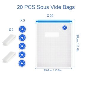 Sous Vide Bags Reusable 27Pcs, BPA Free Vacuum Sealer Bags, Vacuum Food Storage Bags for Sous Vide Cooking/Microwave Heating - 20Pcs Vacuum Zipper Bags & 2 Seal Clips & 5 Air Valves (11 * 10in) 2.9L