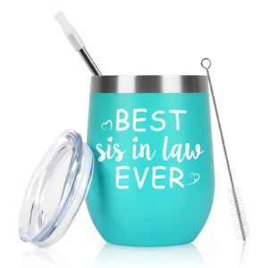 lifecapido sister in law gifts, best sis in law ever wine tumbler, mothers day christmas birthday gifts for sister in law women bride, 12oz stainless steel insulated wine tumbler with lid, mint