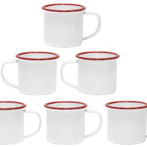 Red Co. Set of 6 Enamelware Metal Small Classic 5 Oz Round Coffee and Tea Mug with Handle, Solid White/Red Rim