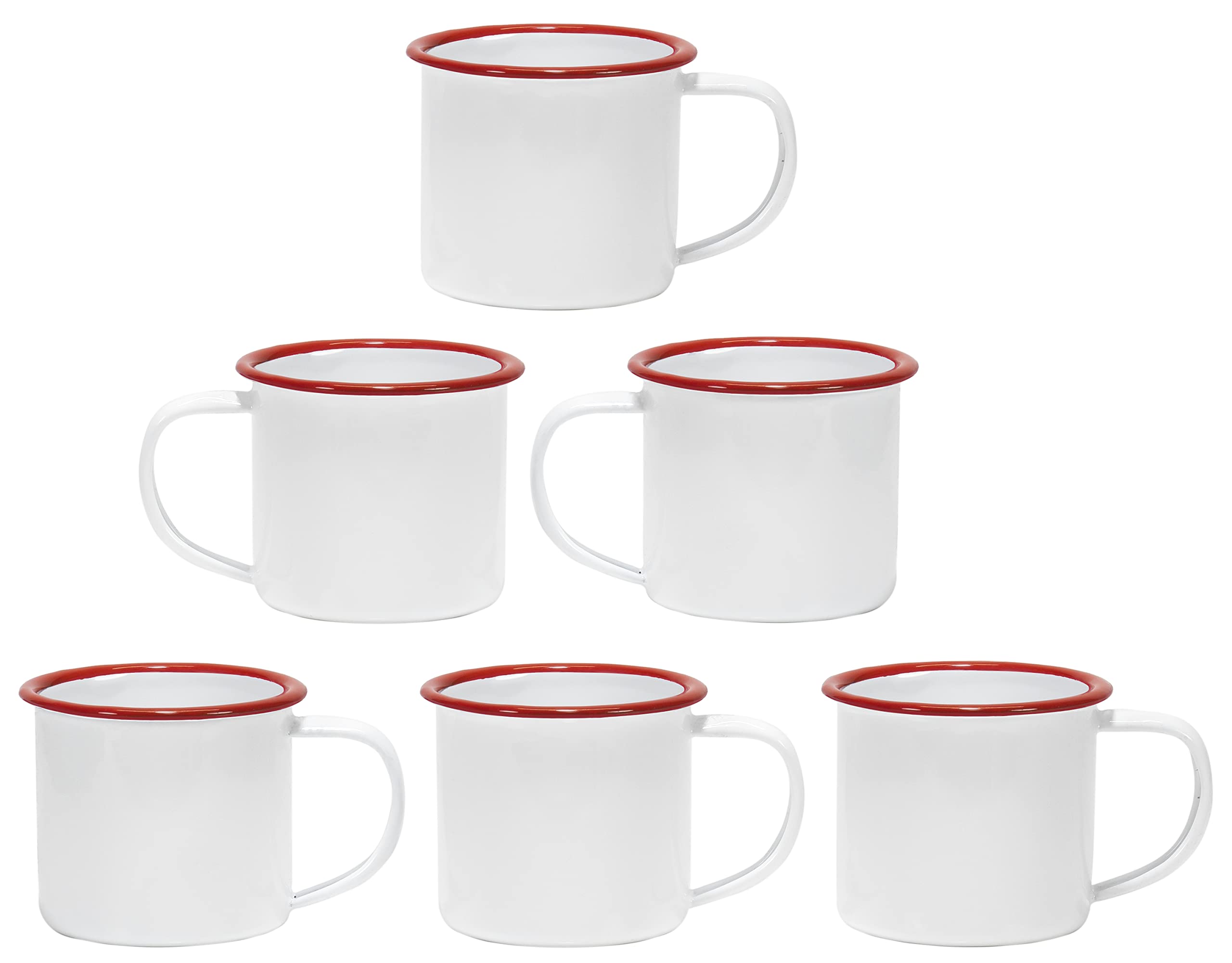 Red Co. Set of 6 Enamelware Metal Small Classic 5 Oz Round Coffee and Tea Mug with Handle, Solid White/Red Rim