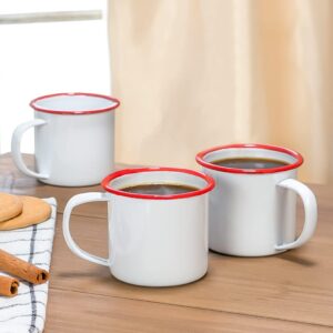 Red Co. Set of 6 Enamelware Metal Small Classic 5 Oz Round Coffee and Tea Mug with Handle, Solid White/Red Rim