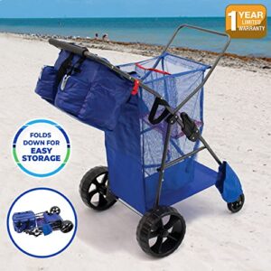 Rio Brands Wonder Wheeler Deluxe Beach Utility Foldable Cart with Removable Storage Tote, Blue