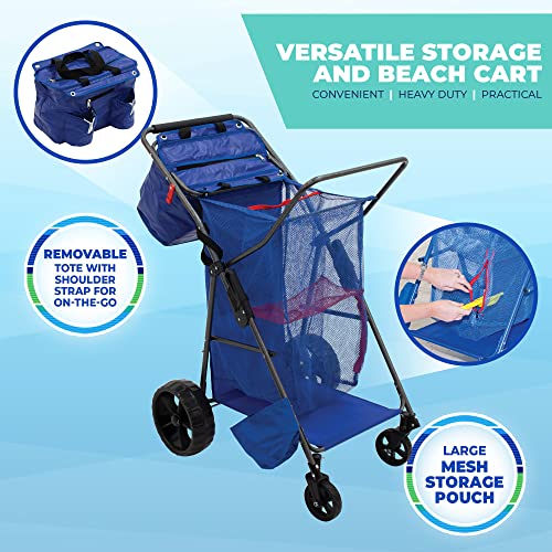 Rio Brands Wonder Wheeler Deluxe Beach Utility Foldable Cart with Removable Storage Tote, Blue