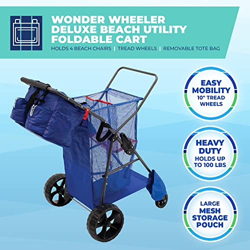 Rio Brands Wonder Wheeler Deluxe Beach Utility Foldable Cart with Removable Storage Tote, Blue