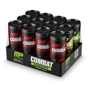 musclepharm combat energy drink 16oz (pack of 12) variety pack - grapefruit lime, green apple & black cherry - sugar free calories free - perfectly carbonated with no artificial colors or dyes