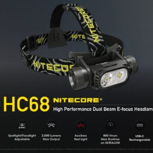 Nitecore HC68 Focusable Headlamp, 2000 Lumen USB-C Rechargeable with Battery, White and Red Light and LumenTac Organizer