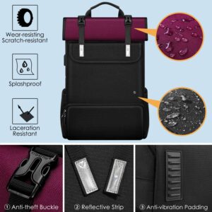 FINPAC Laptop Backpack with Expandable Roll Top, 15.6 Inch Travel Daypack Casual Computer Carrying Bag for Men Women Business (Burgundy)