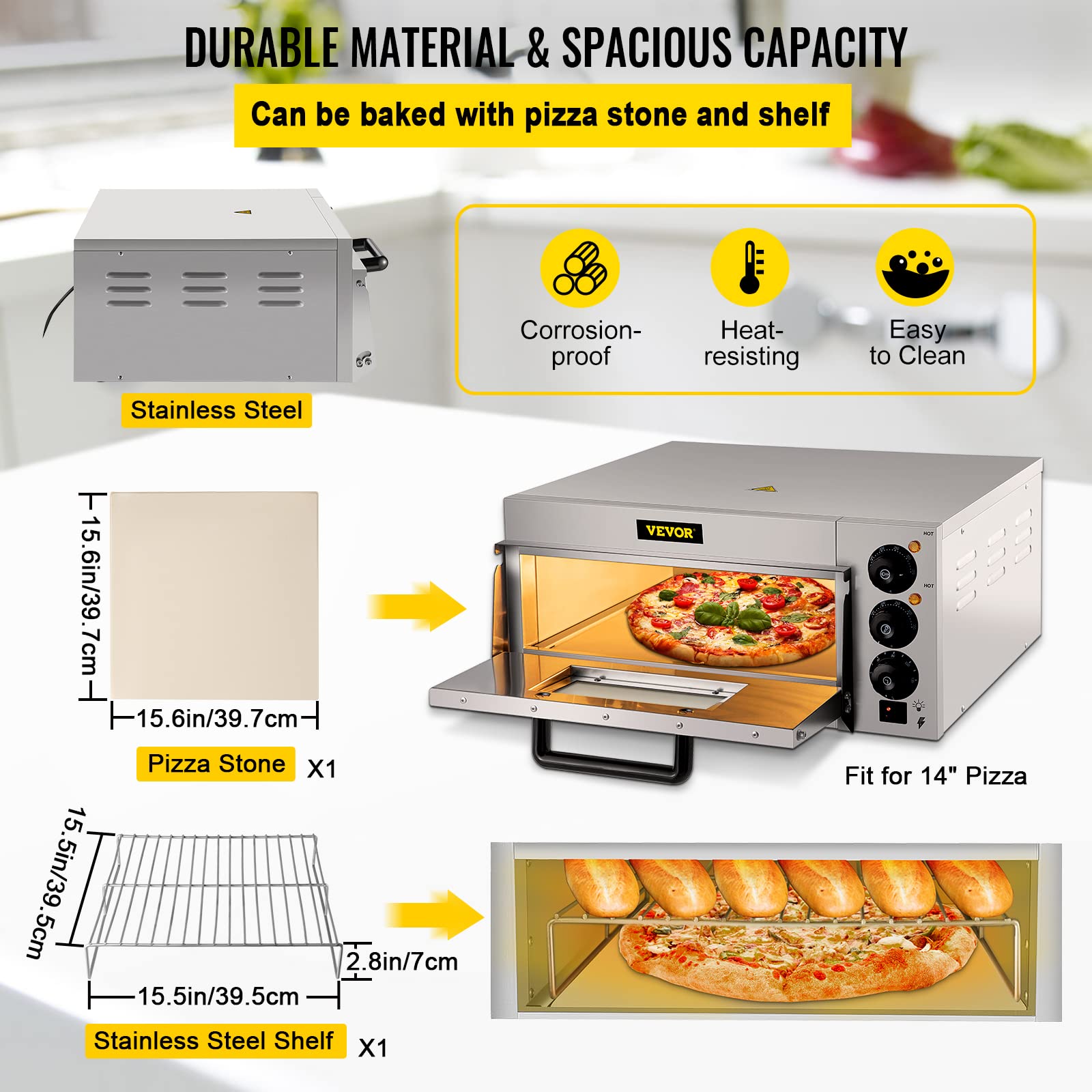 VEVOR Commercial Pizza Oven Countertop, 14" Single Deck Layer, 110V 1300W Stainless Steel Electric Pizza Oven with Stone and Shelf, Multipurpose Indoor Pizza Maker for Restaurant Home Pretzels Baked