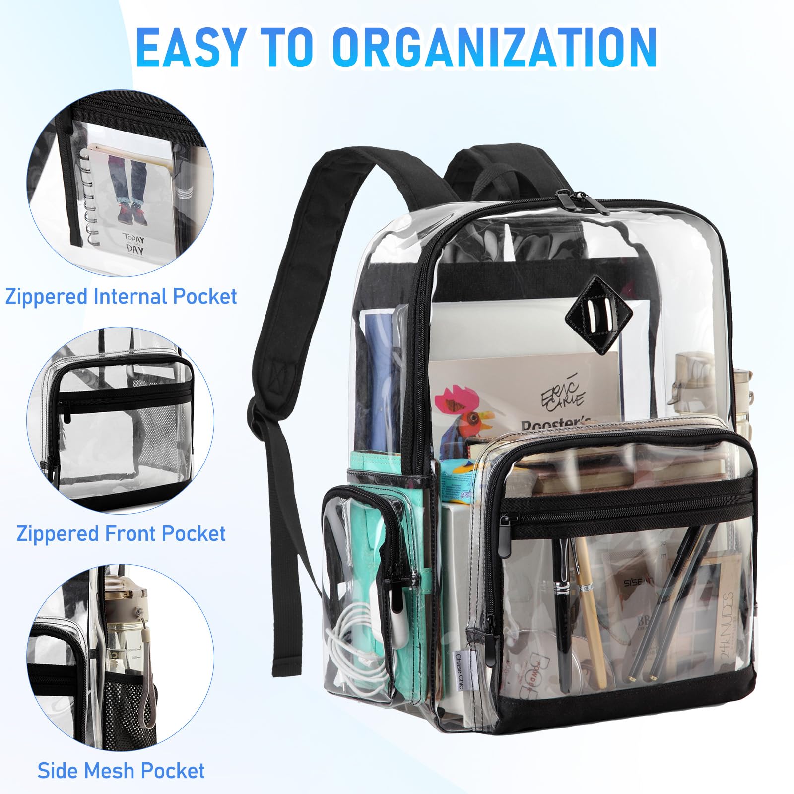 Chase Chic Clear Backpack Stadium Approved Transparent School Backpack Large Heavy Duty See Through Daypack for School Work Travel