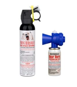 sabre frontiersman 9.2 fl oz. bear spray, maximum strength 2.0% major capsaicinoids, powerful 35 ft. range bear deterrent and bear horn with locking top