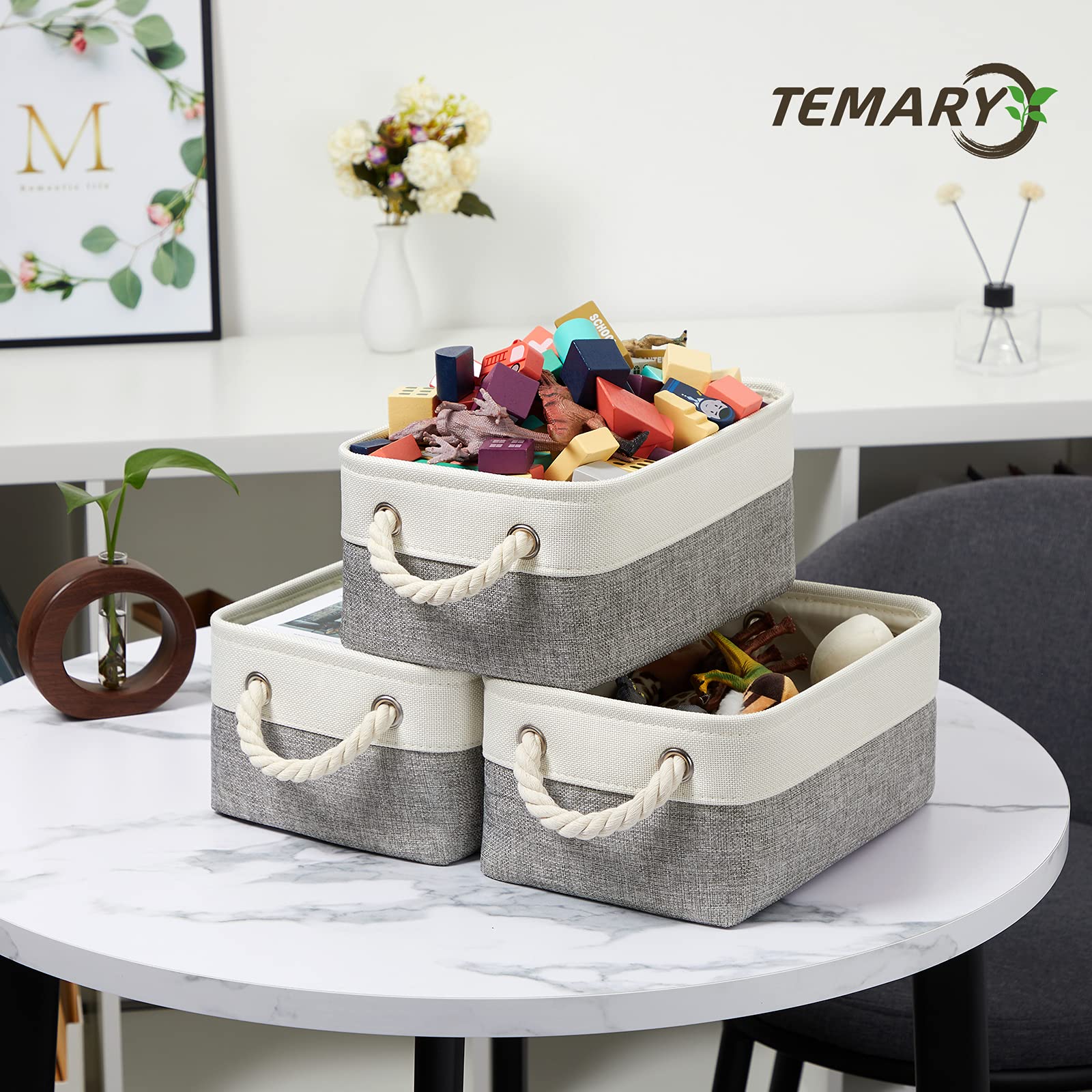 Temary Fabric Baskets Set of 6 Small Storage Baskets Bundled with Set of 2 Large Baskets(White&Grey, 11.8Lx7.9Wx5.3H Inches, 16Lx12Wx12H inches)