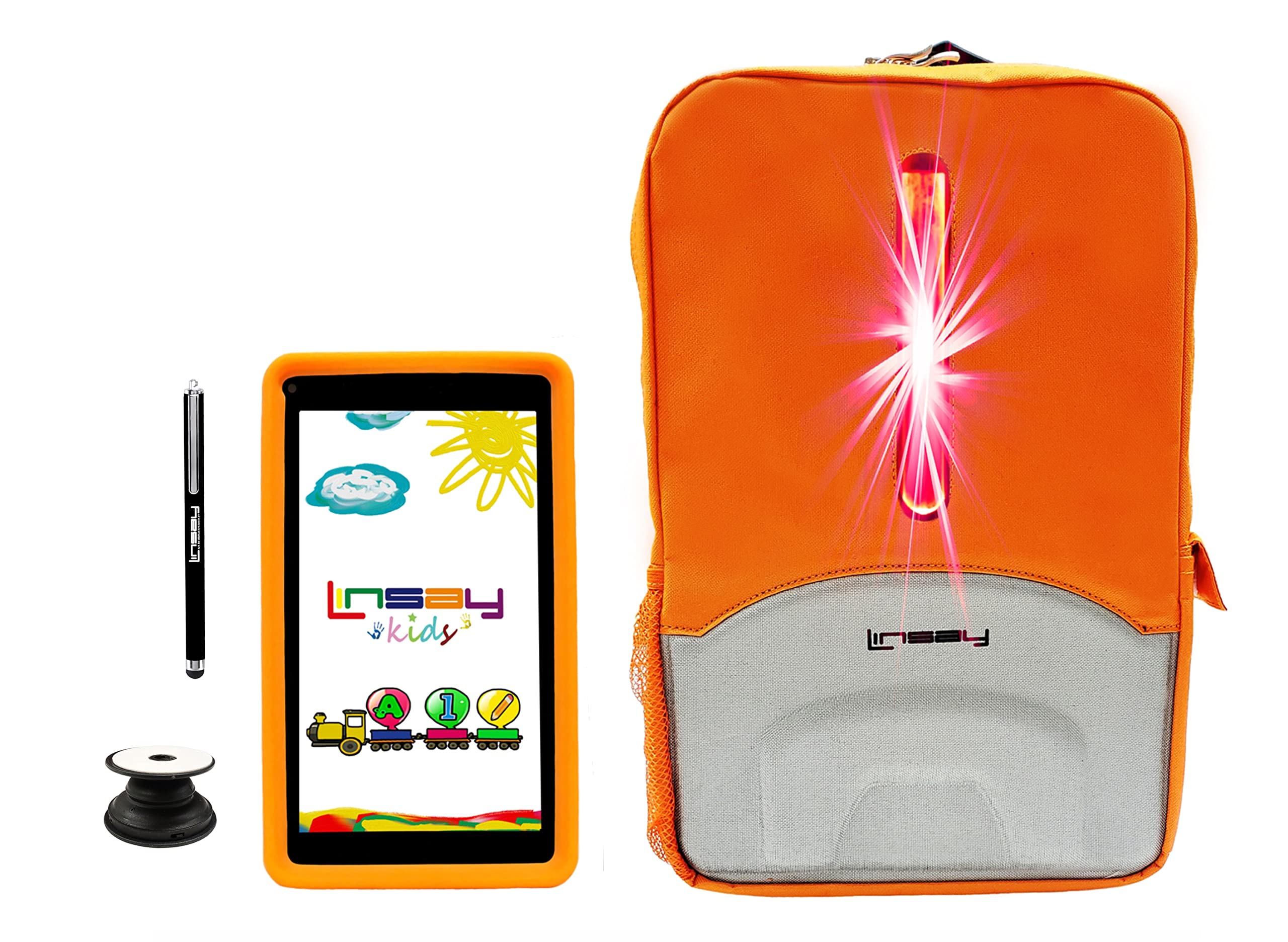 LINSAY 7" 2GB RAM 32GB Storage Android 12 Tablet with Orange Kids Defender Case, LED Backpack, Pop Holder and Pen Stylus