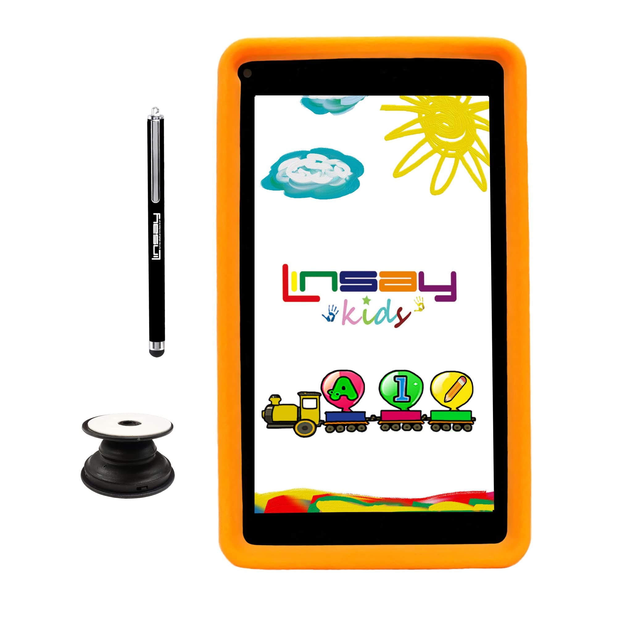 LINSAY 7" 2GB RAM 32GB Storage Android 12 Tablet with Orange Kids Defender Case, LED Backpack, Pop Holder and Pen Stylus