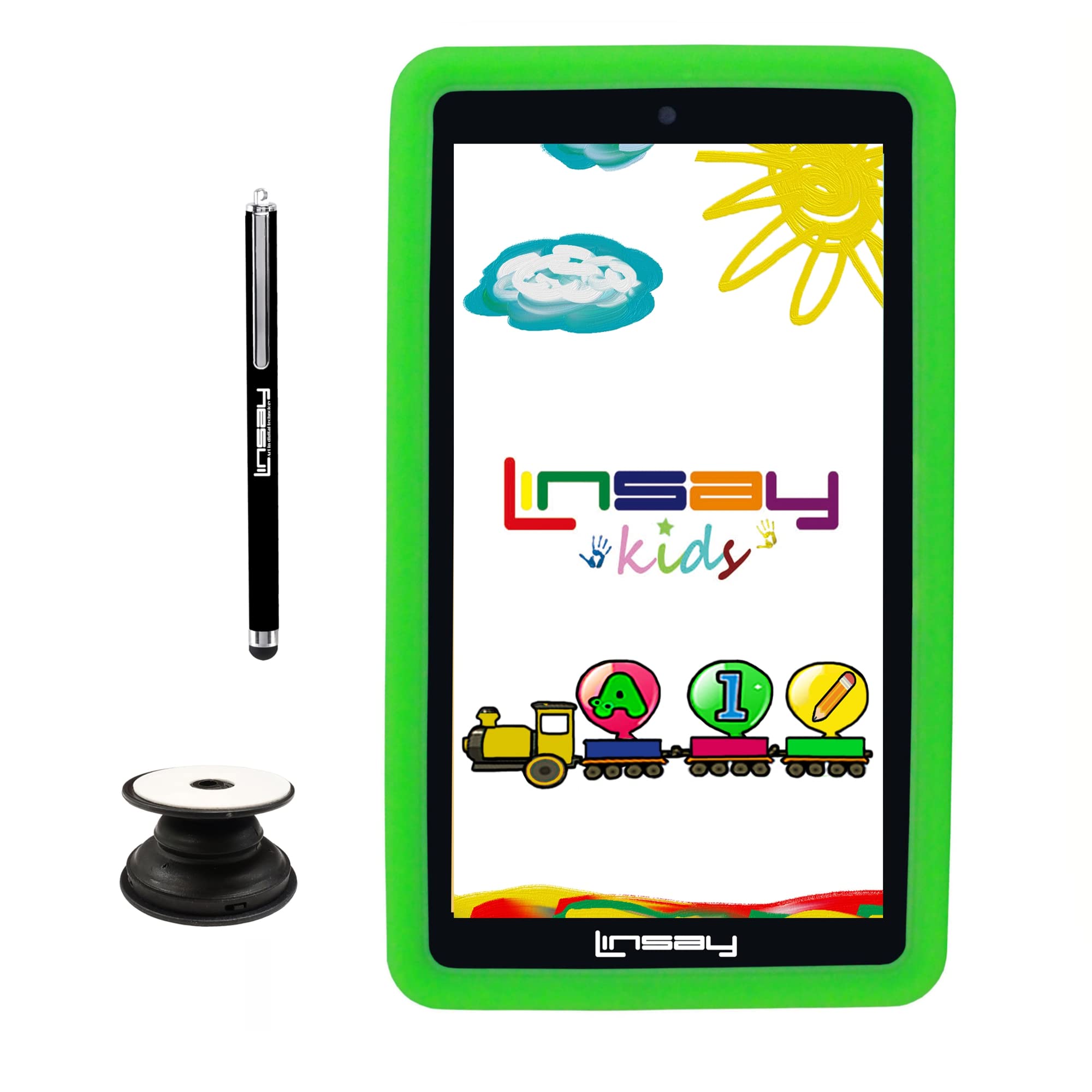 LINSAY 7" 2GB RAM 32GB Storage Android 12 Tablet with Green Kids Defender Case, Pop Holder and Pen Stylus