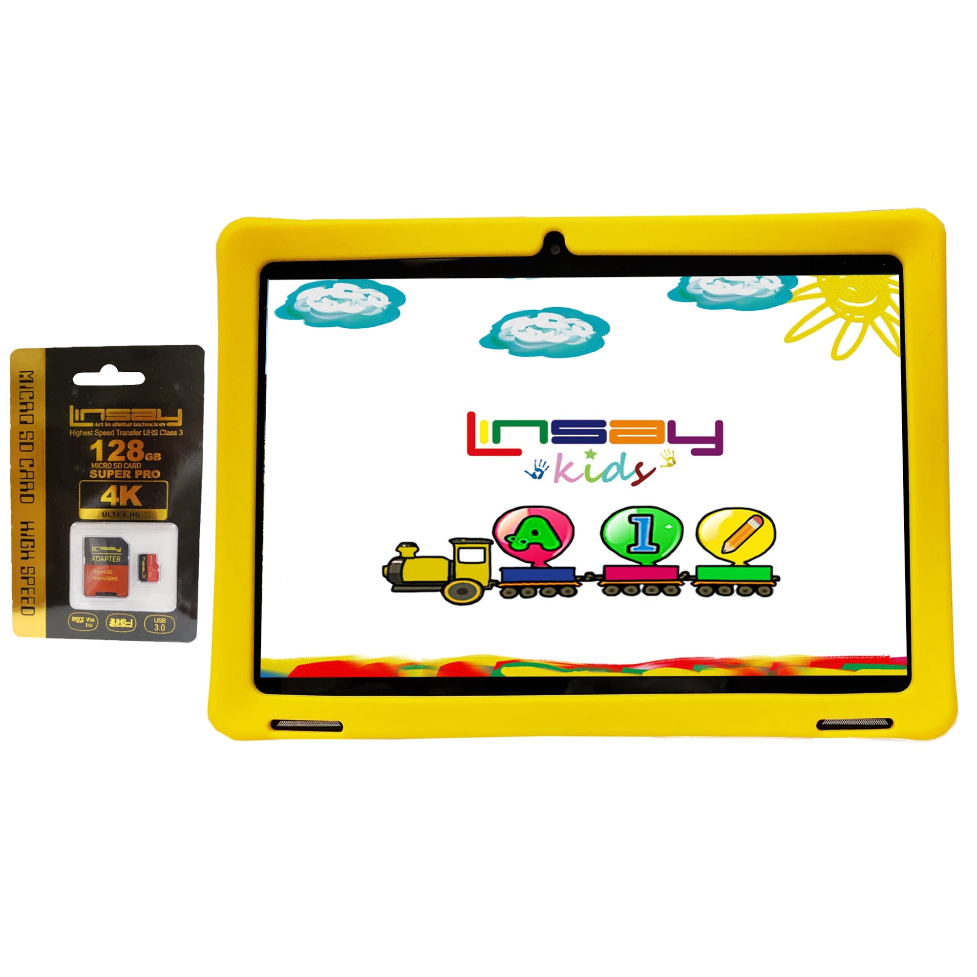 LINSAY 10.1" 1280x800 IPS 64GB Android 13 Tablet with Kids Yellow Defender Case and 128GB Micro SD Card