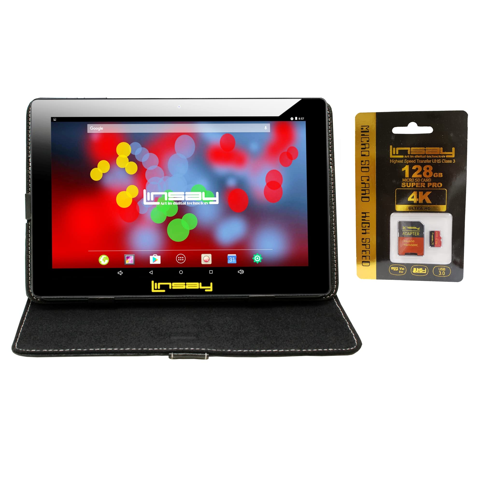 LINSAY 10.1" 1280x800 IPS 64GB Android 13 Tablet with Black Leather Case and 128GB Micro SD Card