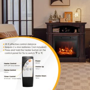 Tangkula 32" Electric Fireplace with Mantel, 1400W Freestanding Heater with Remote Control & Adjustable Brightness, Multifunctional Mantel Fireplace with Storage Shelf for Living Room (Brown)