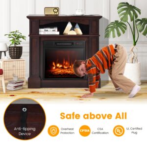 Tangkula 32" Electric Fireplace with Mantel, 1400W Freestanding Heater with Remote Control & Adjustable Brightness, Multifunctional Mantel Fireplace with Storage Shelf for Living Room (Brown)