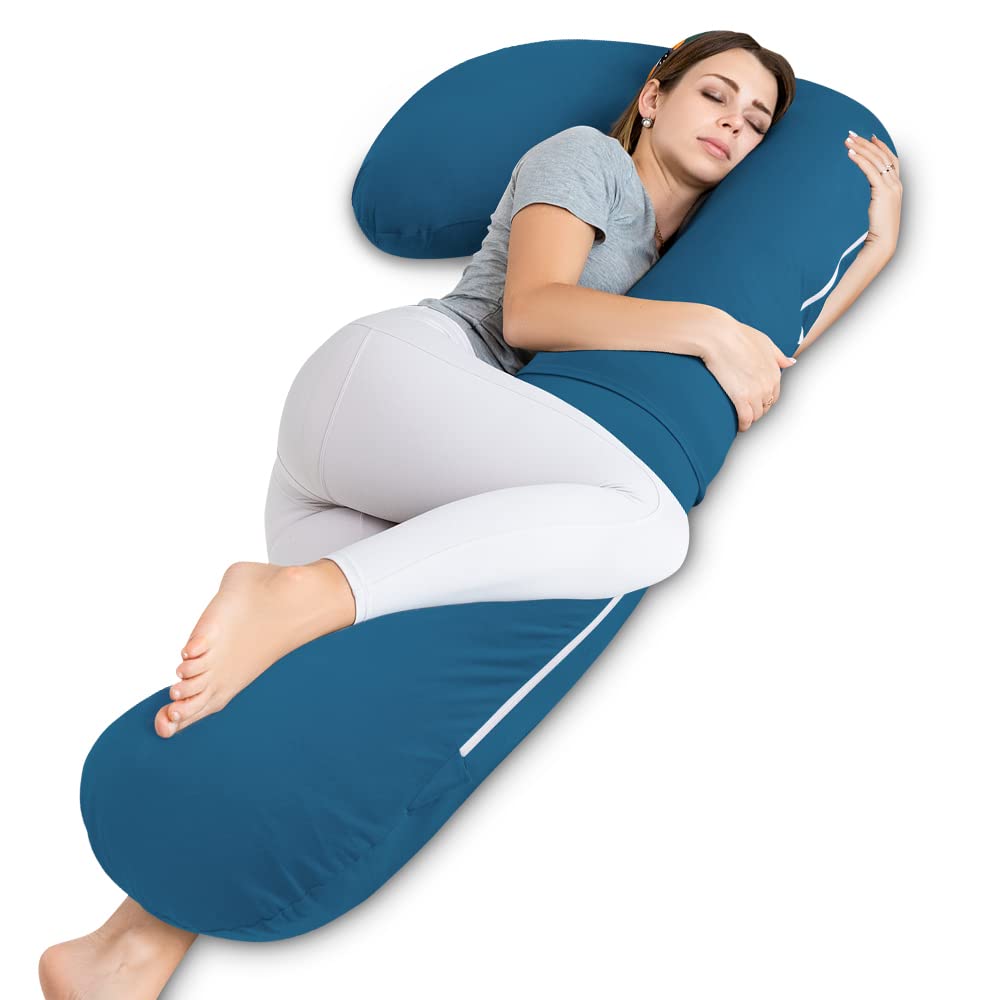 INSEN Pregnancy Pillows, L Shaped Full Body Maternity Pillow with Removable Cover, 57 Inch Pregnancy Pillows for Sleeping, Blue Jersey Cotton